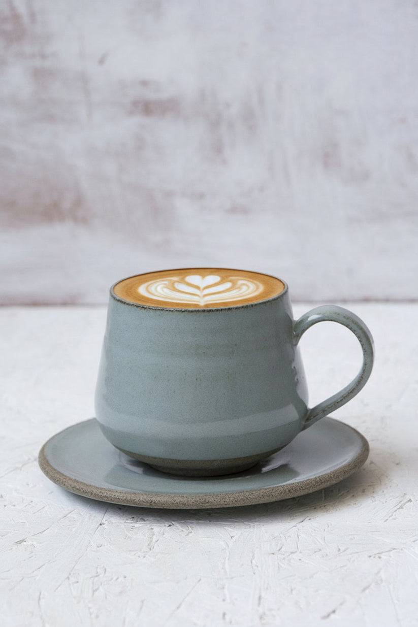 Light Blue Coffee latte Cup and Saucer, 10 fl. oz – Mad About Pottery