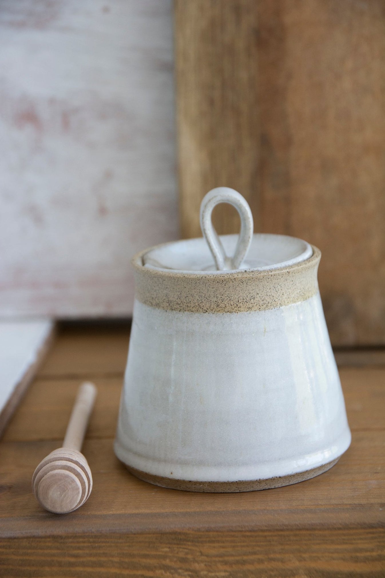 Handmade White Pottery Honey Dish with a Matching Wooden Dipper – Mad ...
